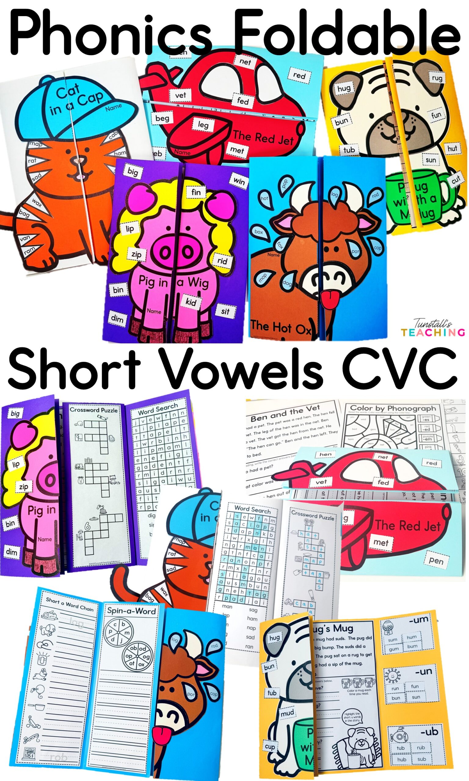 Short Vowel CVC Phonics Foldable Crafts & Decodable Passages - Tunstall ...