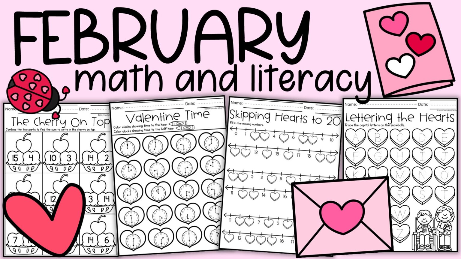 February Math and Literacy Practice Pages for K–2 Classrooms