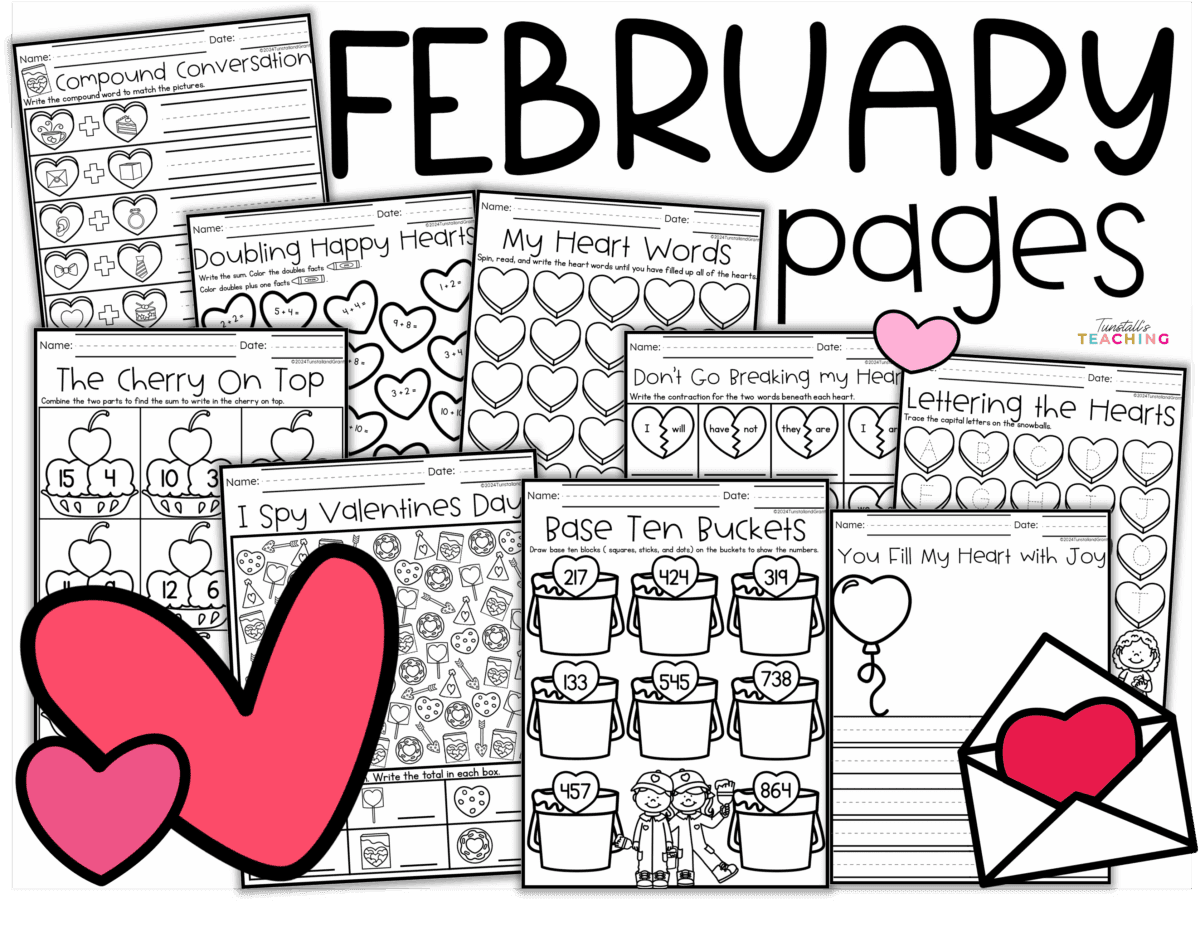 February Math and Literacy Practice Pages for K–2 Classrooms